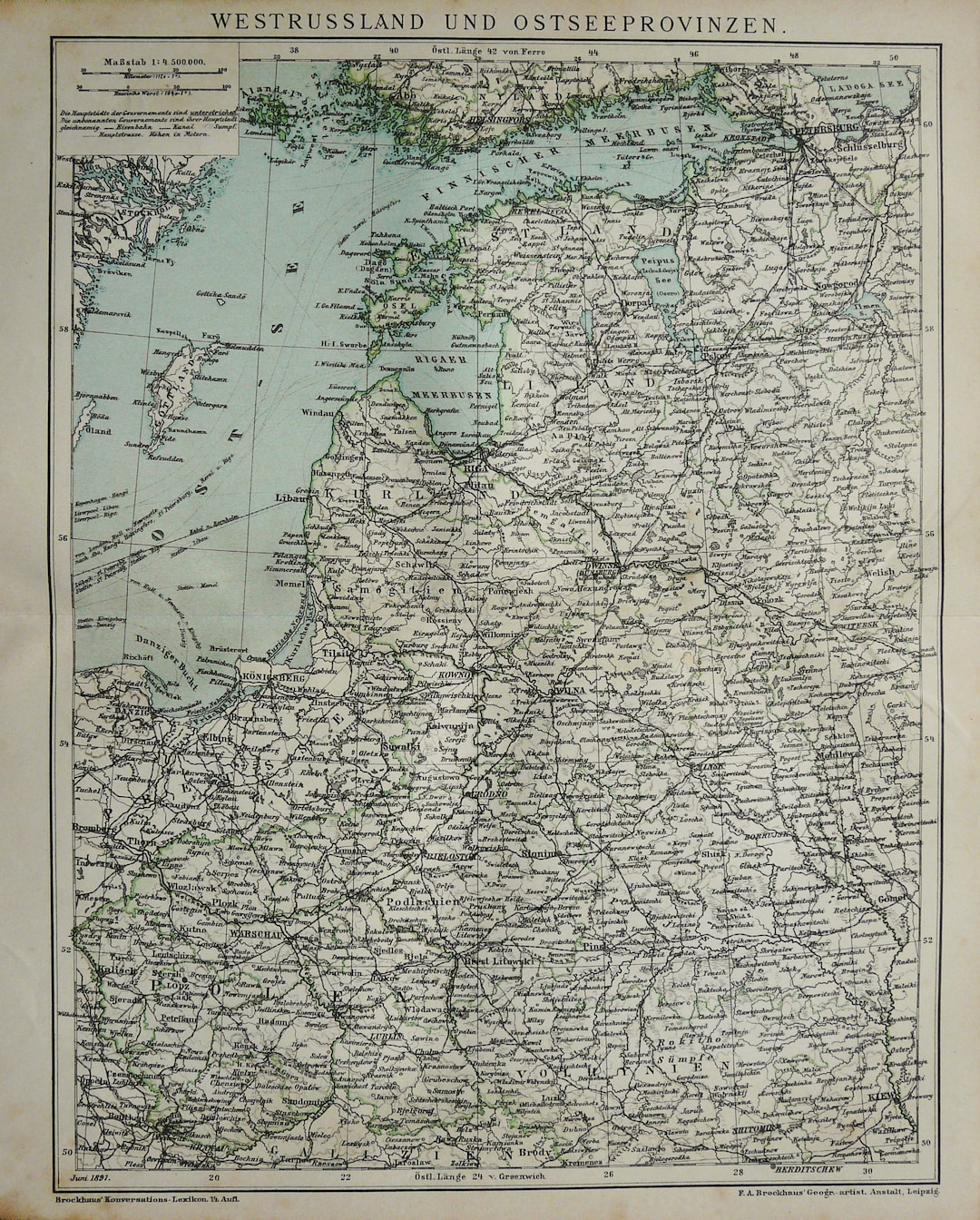 1895 Antique Map of THE BALTIC STATES. Poland. Ukraine. Russia. Belarus ...