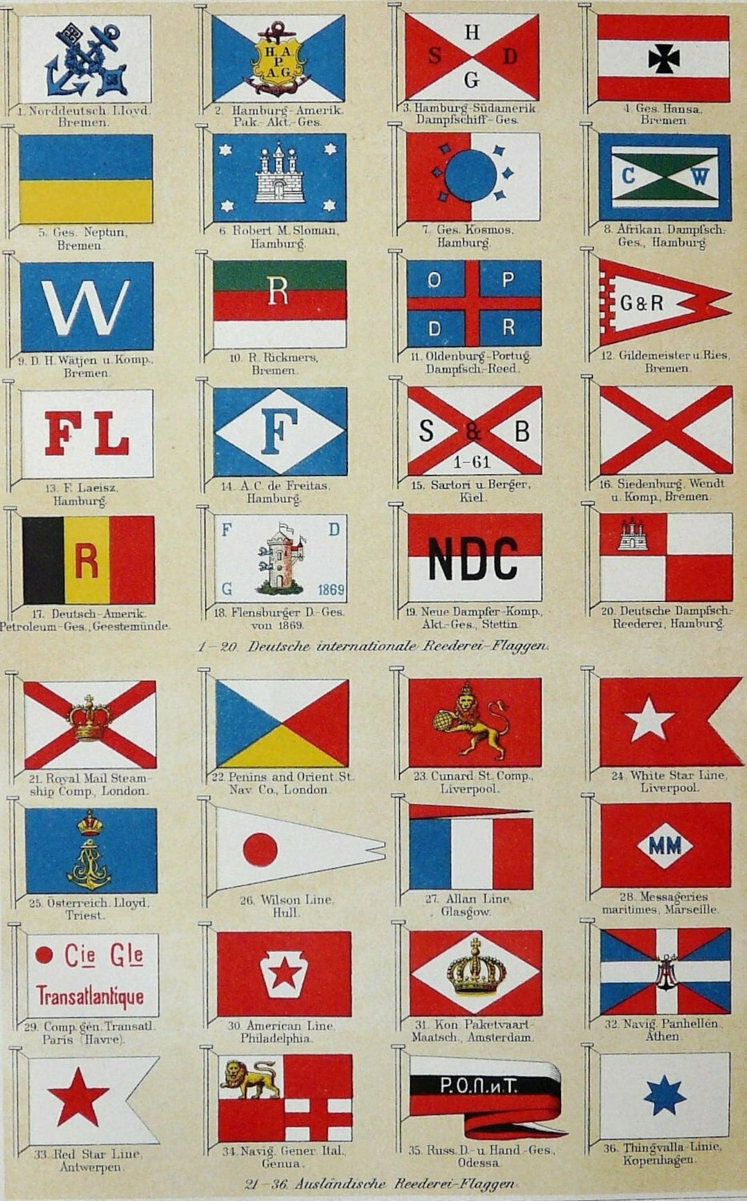 1897 Antique Lithograph of SHIPPING COMPANY FLAGS. Navigation. Naval ...
