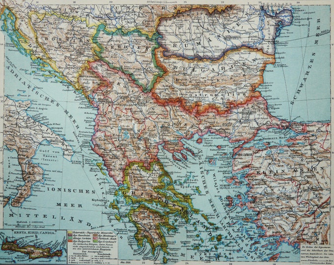 1895 Antique Map of BALKANS. BALKAN PENINSULA. Romania. Bulgaria ...