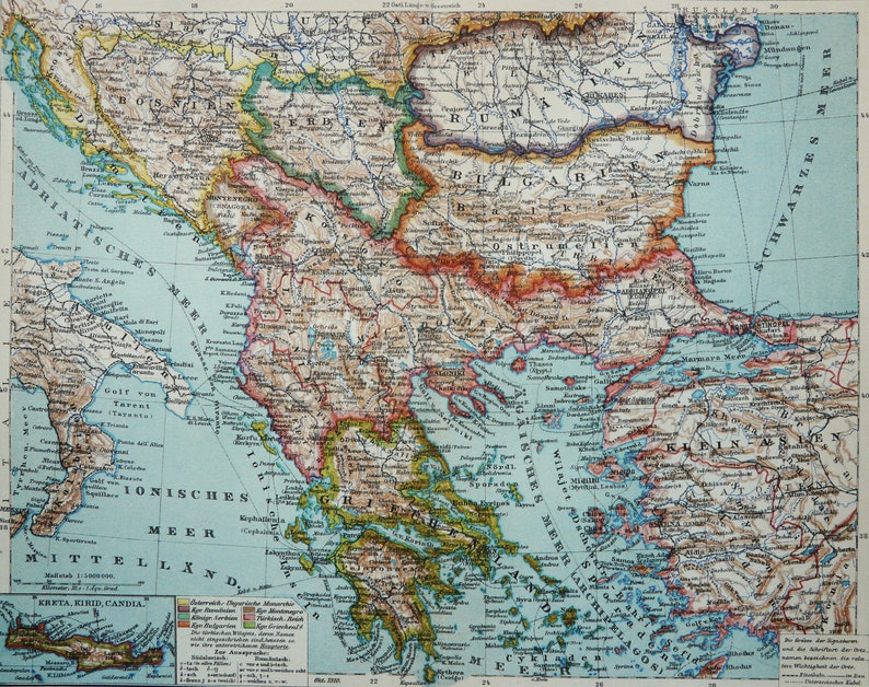 1895 Mapa antiguo de los BALCANES. PENÍNSULA DE LOS BALCANES. Rumania. Bulgaria. Serbia. Grecia ...