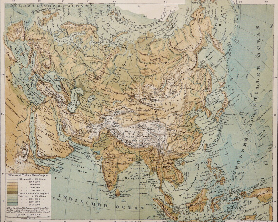 1895 Antique Physical Map of ASIA, Rivers and Mountains. Geology ...