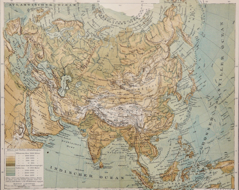 1895 Antique Physical Map of ASIA, Rivers and Mountains. Geology ...