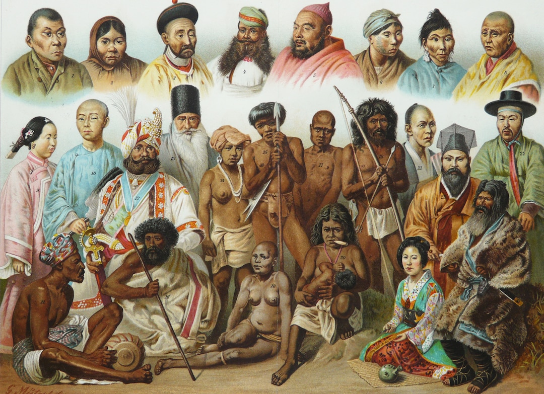 1895 Antique Lithograph of ASIATIC PEOPLE. Asian Race of Human. People ...