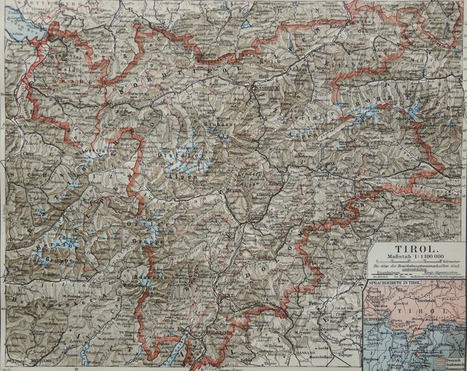 1897 Antique Map of THE TYROLE REGION. Tyrol. the Alps. Austria. Italy ...