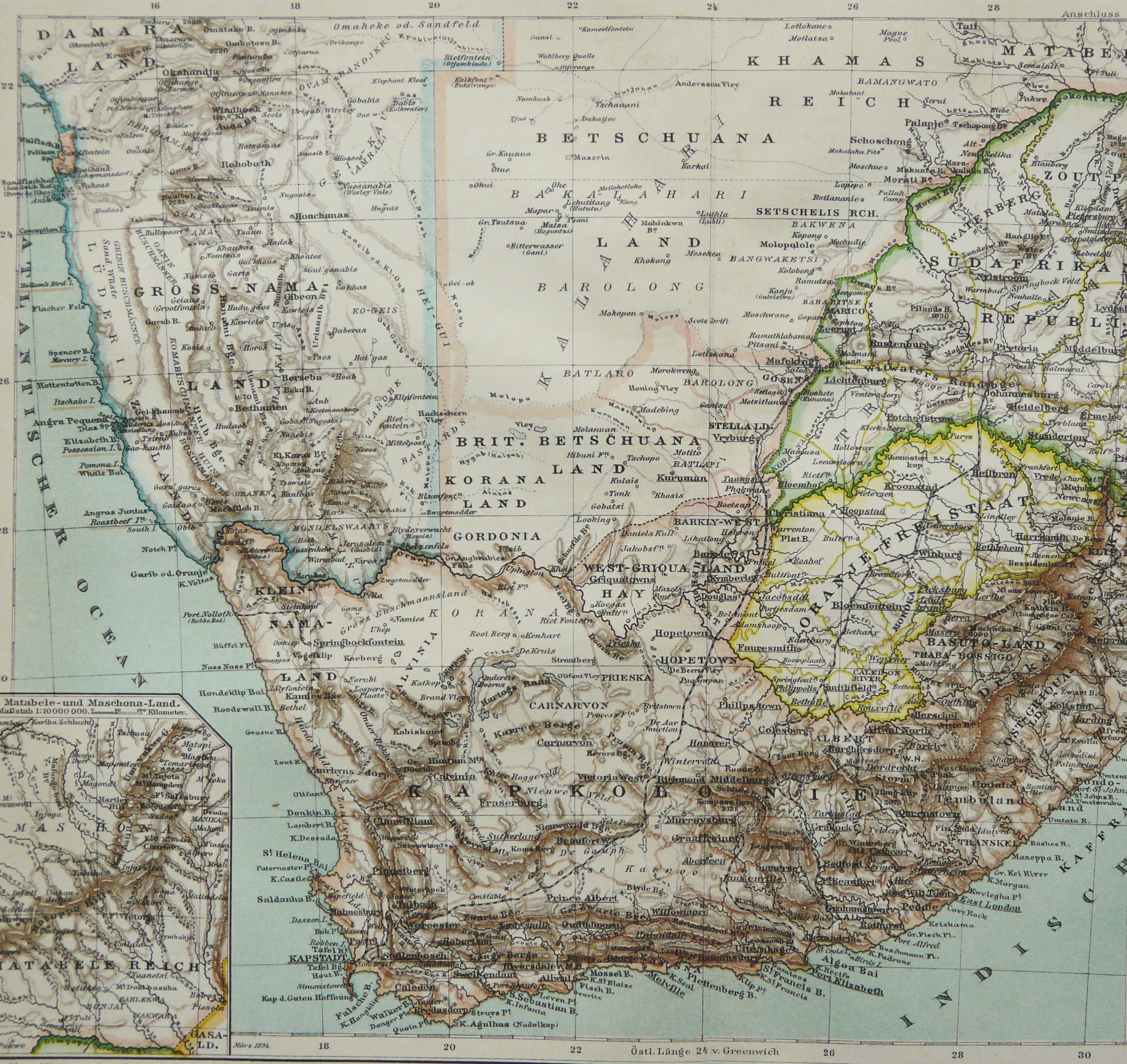 1895 Antique Map of SOUTHERN AFRICA, South Africa, Bostwana, Namibia ...