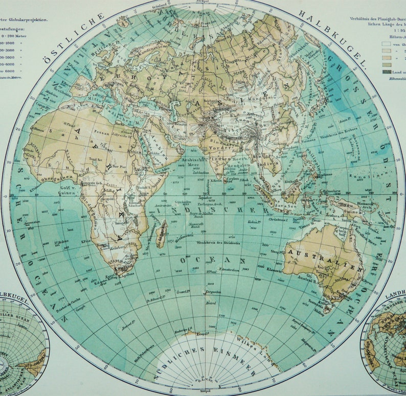 1895 Antique PHYSICAL WORLD MAP. Europa. Africa. Asia. - Etsy