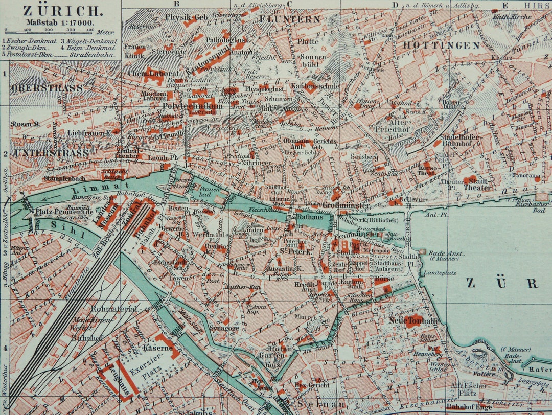 1897 Antique City Map of ZÜRICH, SWITZERLAND. 127 Years Old Town Map ...