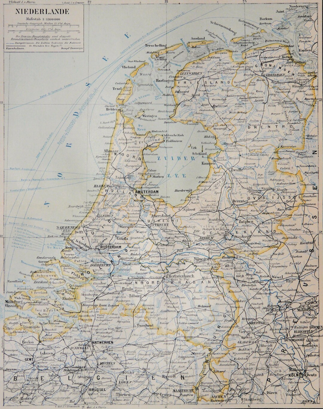 1897 Antique Map of THE NETHERLANDS, With Shipping Routes. Vintage ...