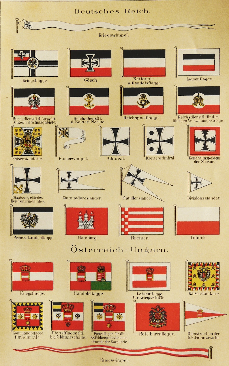 1889 Antique Lithograph of GERMAN EMPIRE FLAGS. - Etsy
