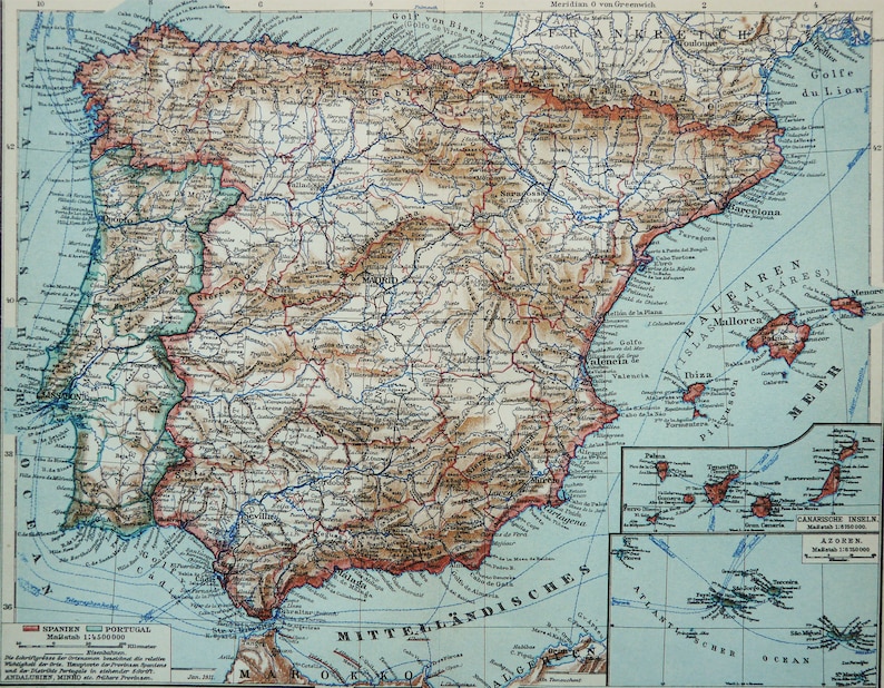 1895 Antique Map of SPAIN. Madrid. Barcelona. 129 Years Old Chart. - Etsy