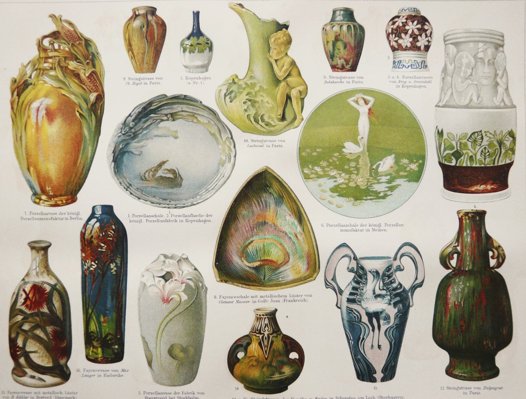 1900 Antique Lithograph of MODERN STYLE GLASS and Ceramic - Etsy