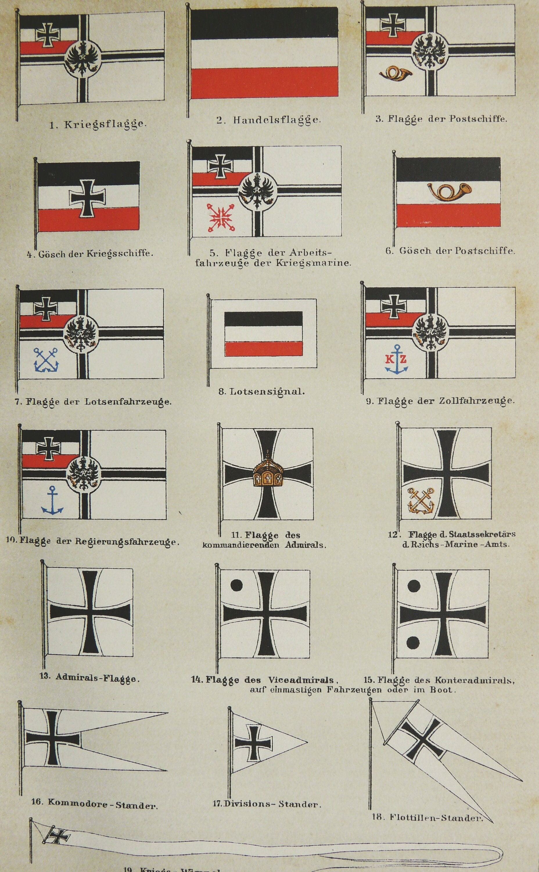 1895 Antique Lithograph of GERMAN HISTORIC FLAGS. Flags of German ...