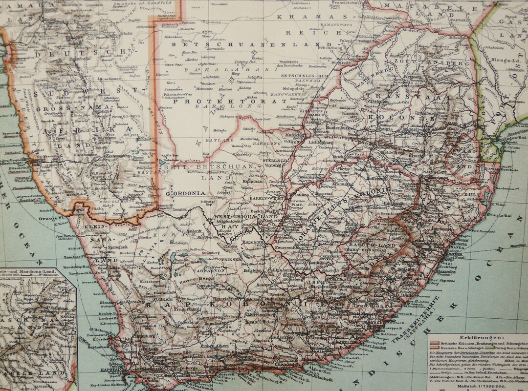 1895 Antique Map of SOUTHERN AFRICA, South Africa, Bostwana, Namibia ...