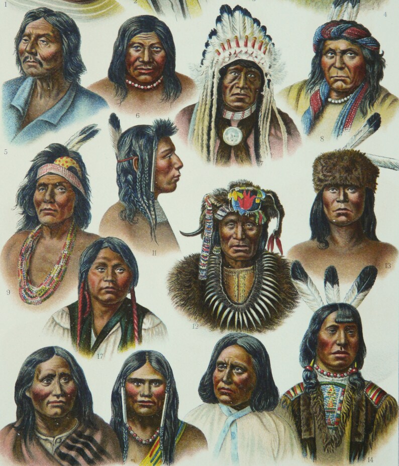 1897 Antique Lithograph of NATIVE AMERICANS TYPES. American - Etsy