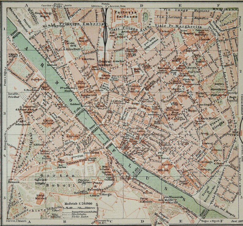 1895 Antique City Map of FLORENCE. FIRENZE. ITALIA. Tuscany. 128 Years ...