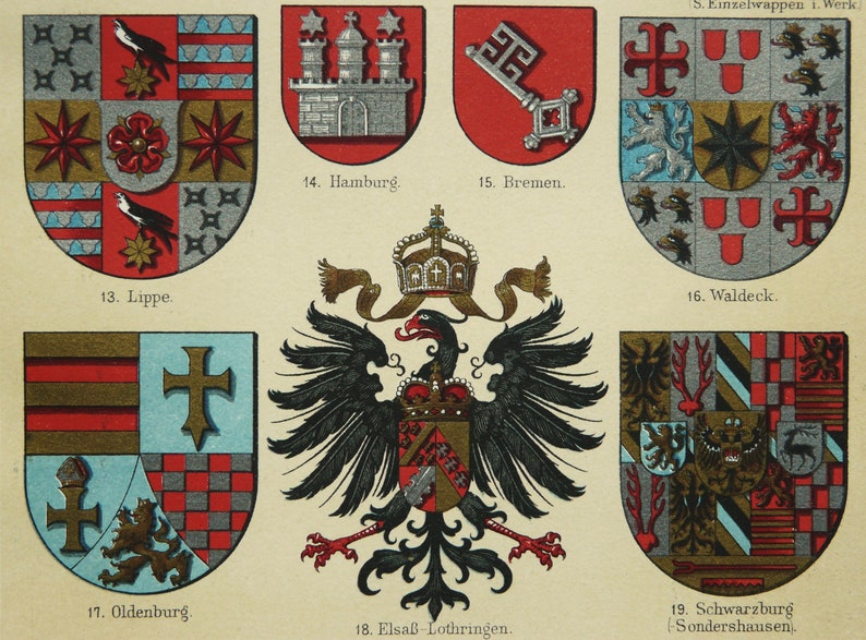 1897 Antique Lithograph of GERMAN EMPIRE ESCUTCHEONS. Heraldic Shields ...