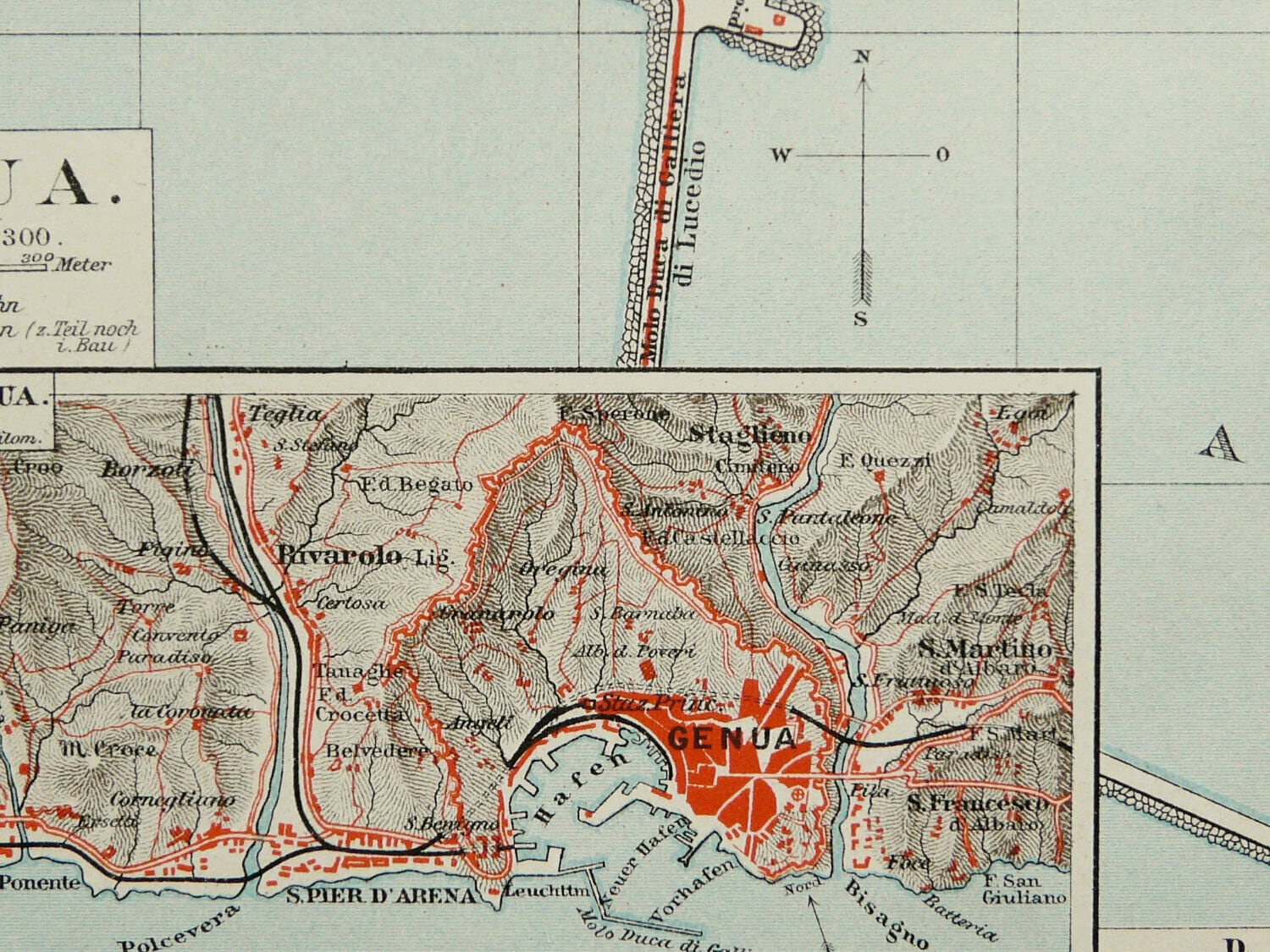 1897 Antique city map of GENOA, ITALY. Genova. Italia. 126 years old ...