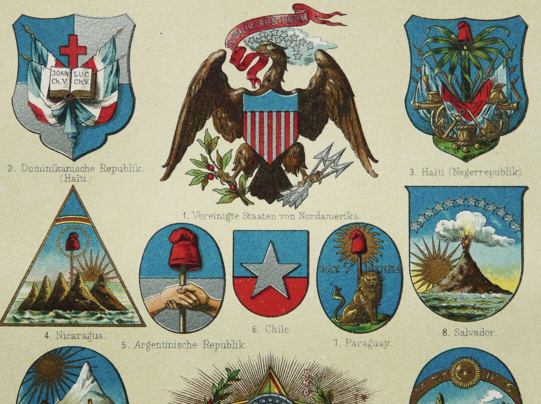 1897 Antique Lithograph of AMERICAN COUNTRIES ESCUTCHEONS. Heraldic ...