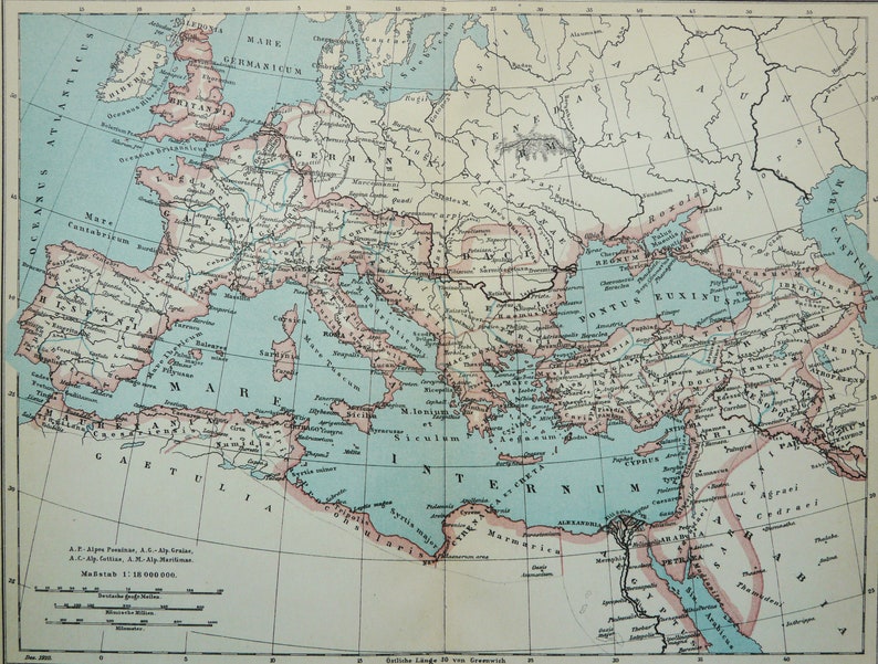 1895 Antique Map of THE ROMAN EMPIRE. Ancient Rome. 128 Years Old Chart ...