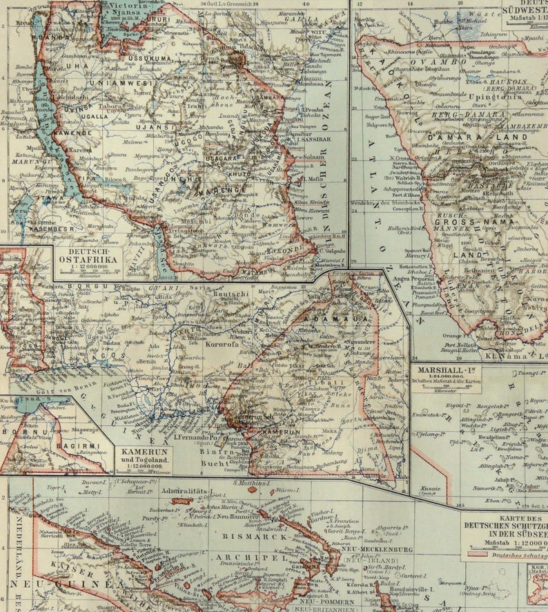 1897 Antique Map of GERMAN COLONIES. German Empire. Germany. Cameroon ...