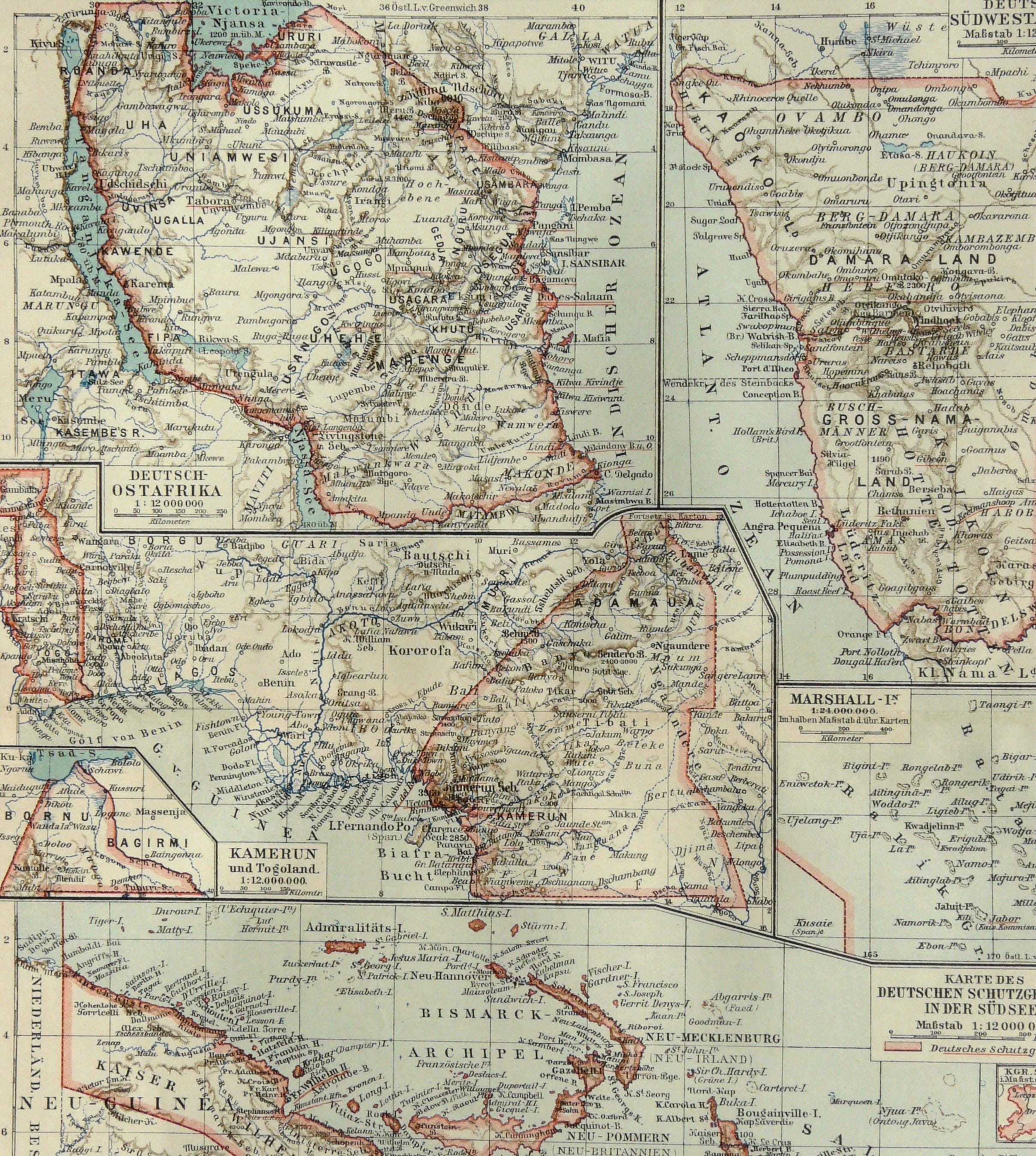1897 Antique Map of GERMAN COLONIES. German Empire. Germany. Cameroon ...