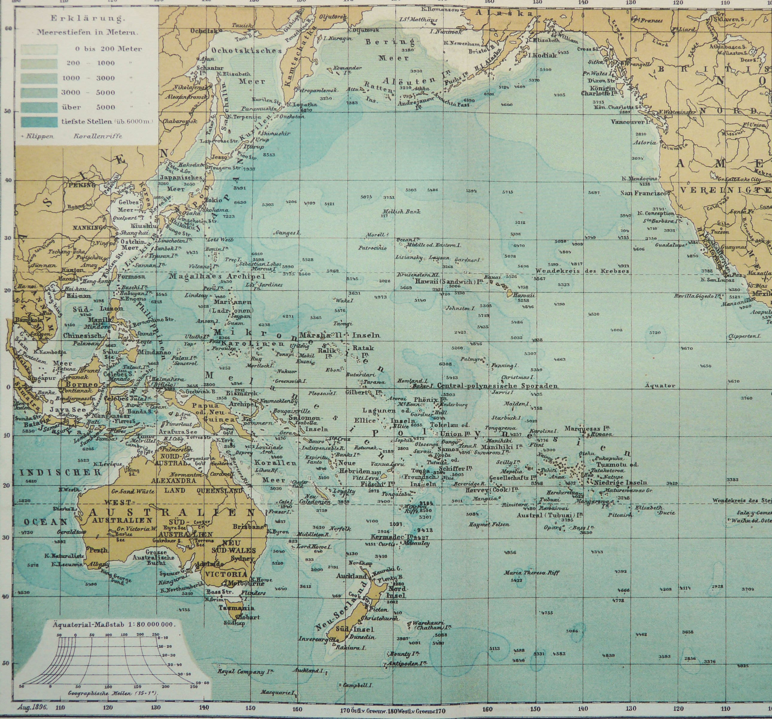 1895 Antique Map of OCEANIA. PACIFIC OCEAN. Polynesia. Melanesia ...