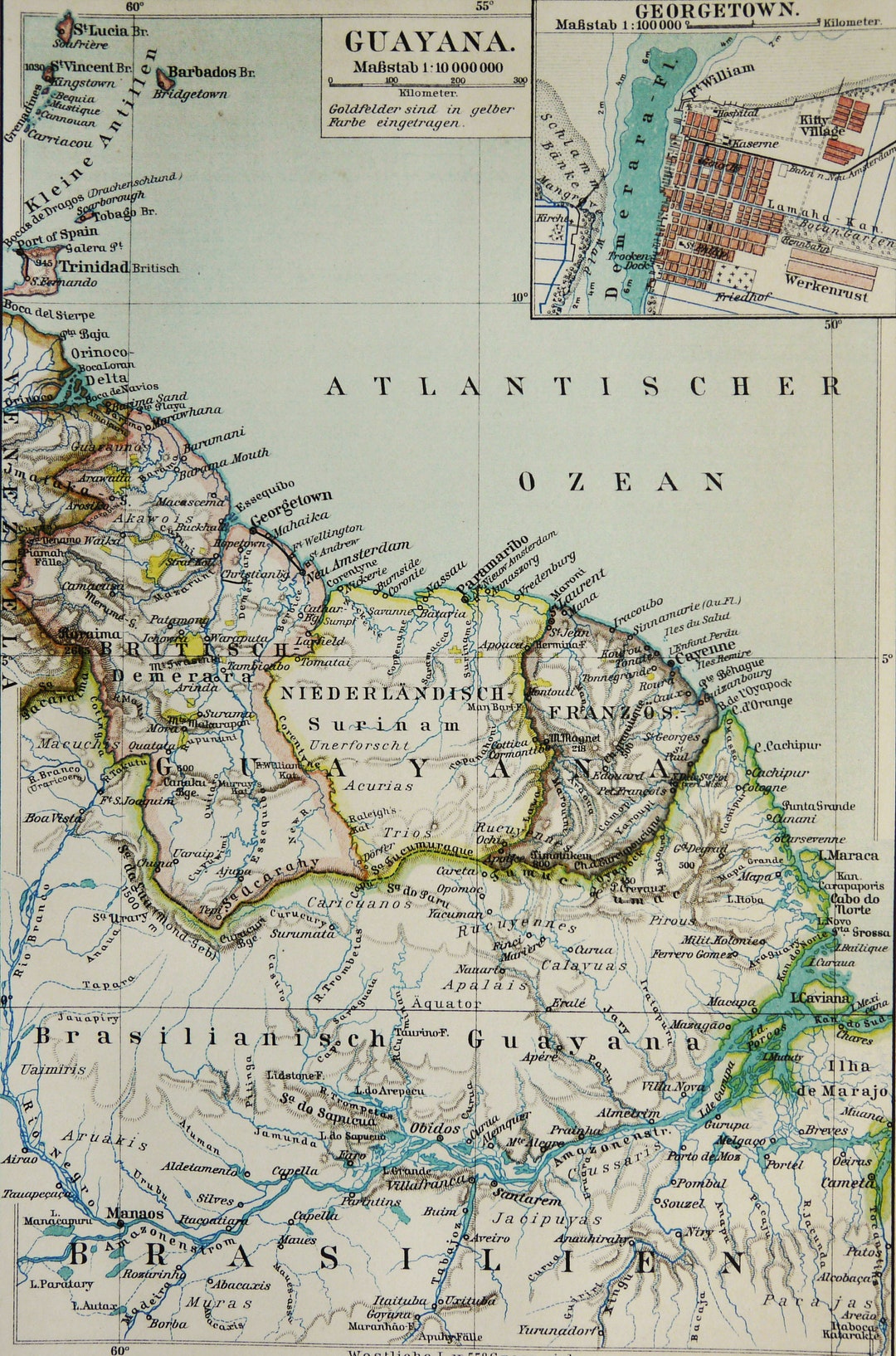 1897 Antique Map of GUYANA. GEORGETOWN. South America. 128 Years Old ...