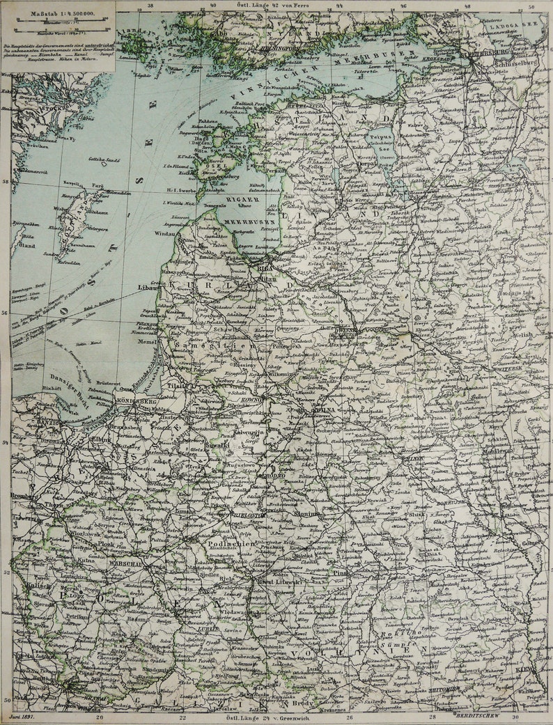 1895 Antique Map of THE BALTIC STATES. Poland. Ukraine. - Etsy