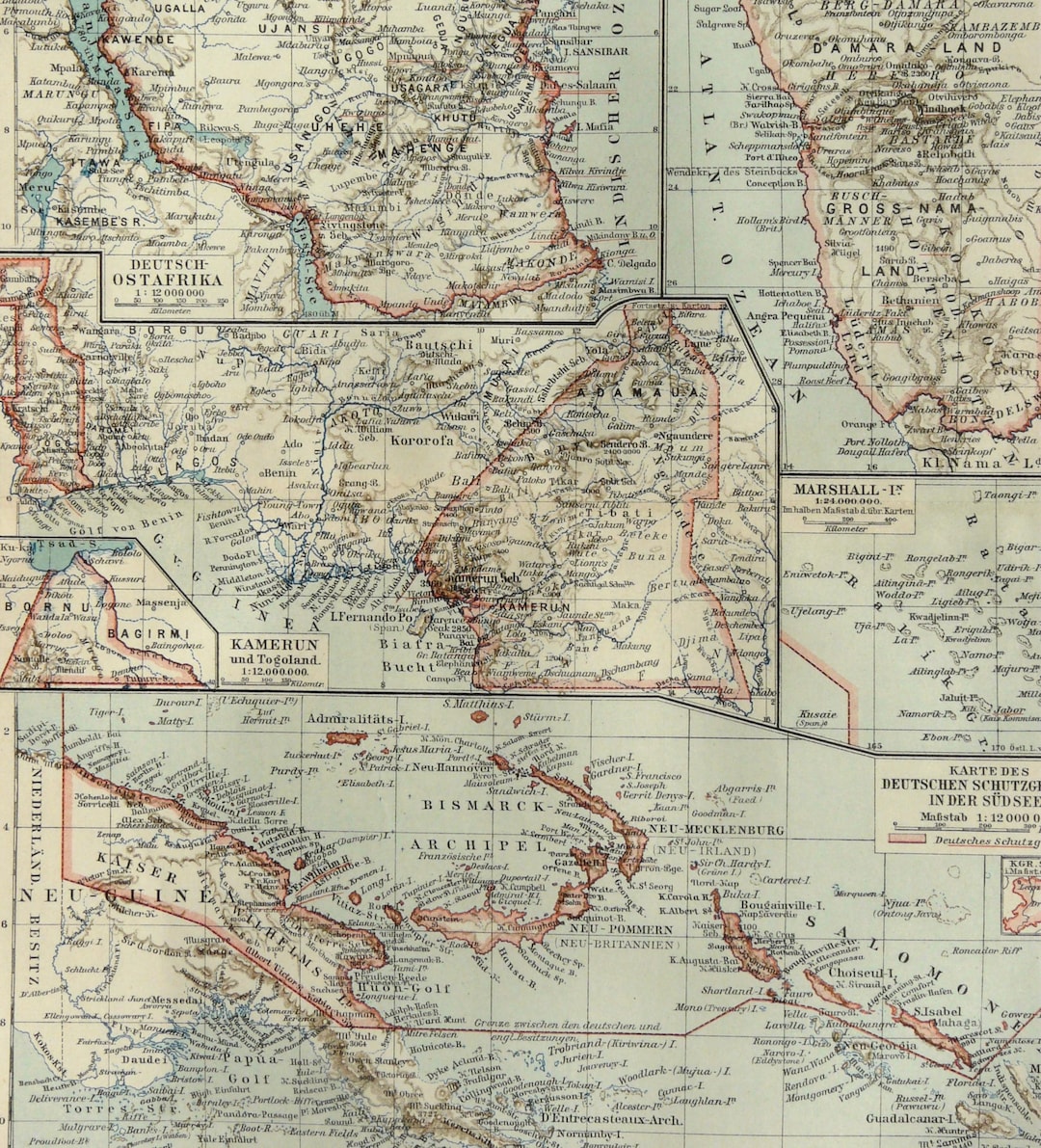 1897 Antique Map of GERMAN COLONIES. German Empire. Germany. Cameroon ...