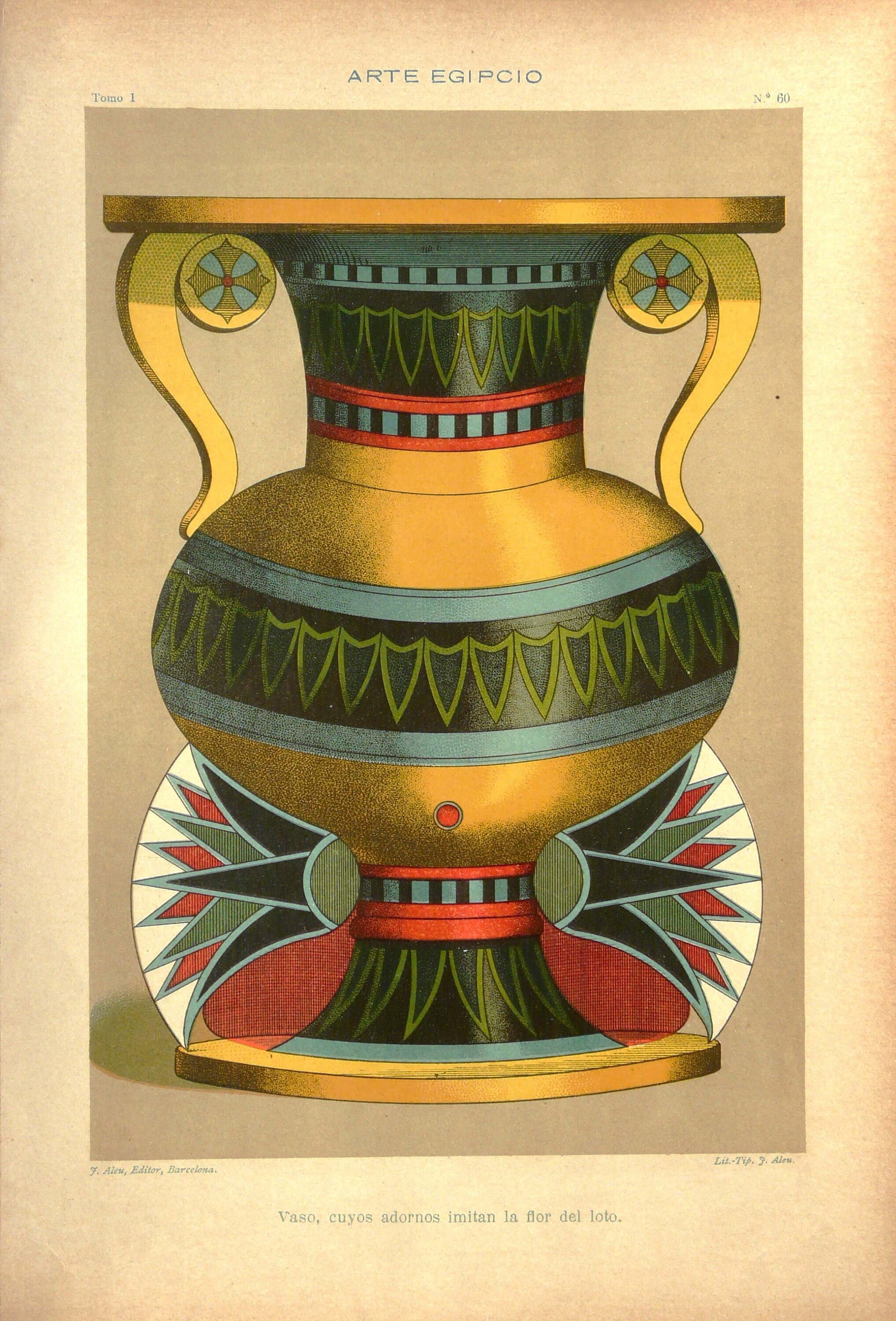 1890 Antique Lithograph of ANCIENT EGYPT ART. Egyptian Vase. Decorative ...