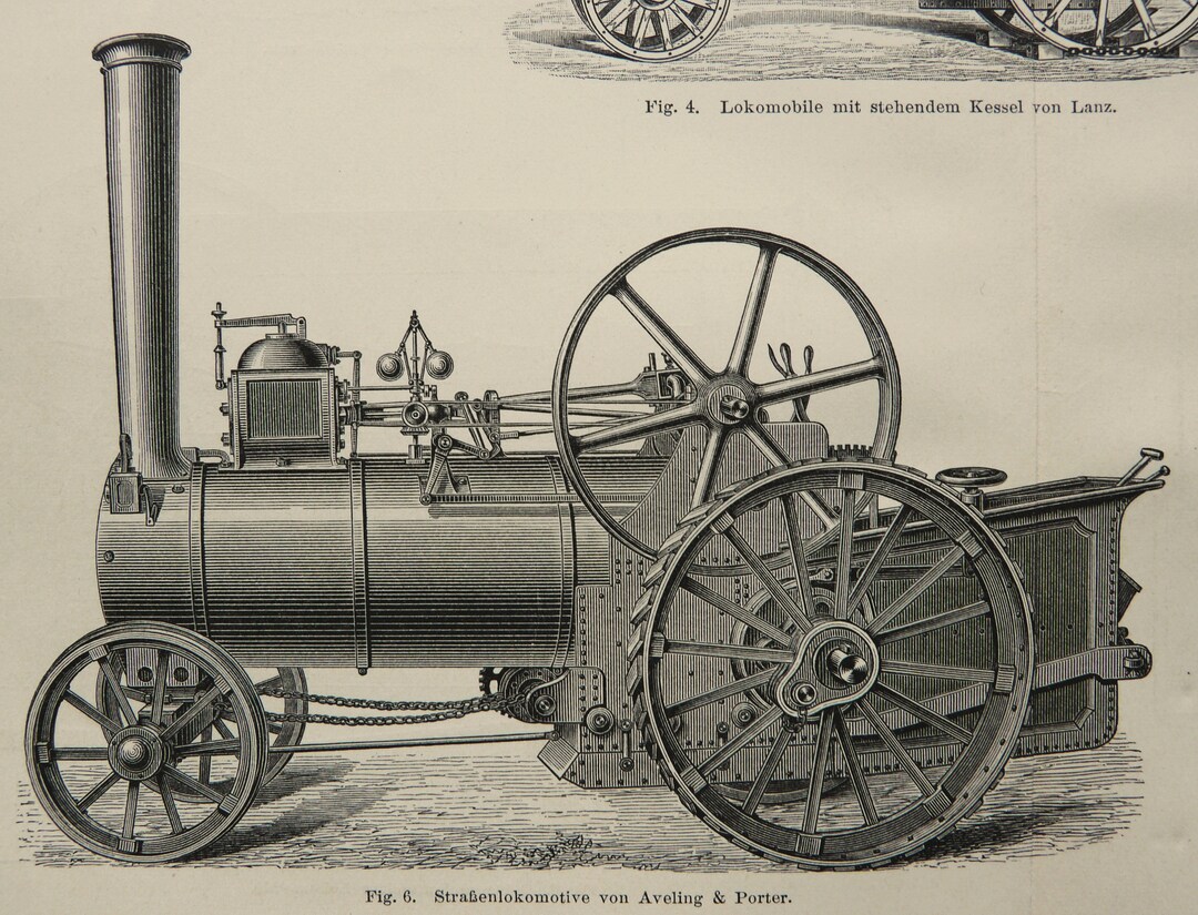 1897 Antique Print of ANCIENT ENGINES. Steam-powered Tractors. Farming ...