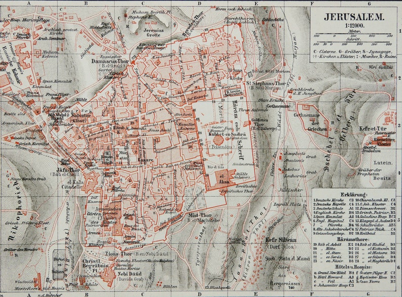 1897 Antique City Map of JERUSALEM. ISRAEL. PALESTINE. Holly - Etsy