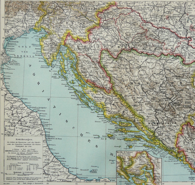 1895 Antique Map of BOSNIA and MONTENEGRO. BALKANS. Dalmatia. Slovenia ...