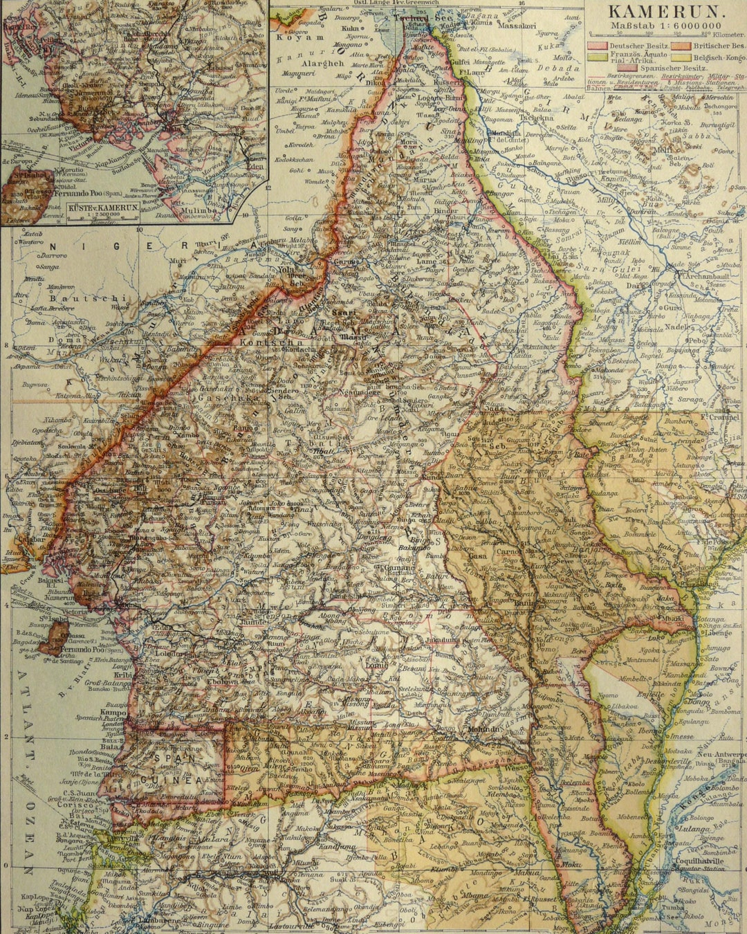 1897 Antique Map of the GERMAN COLONY of KAMERUN. Cameroon. German ...