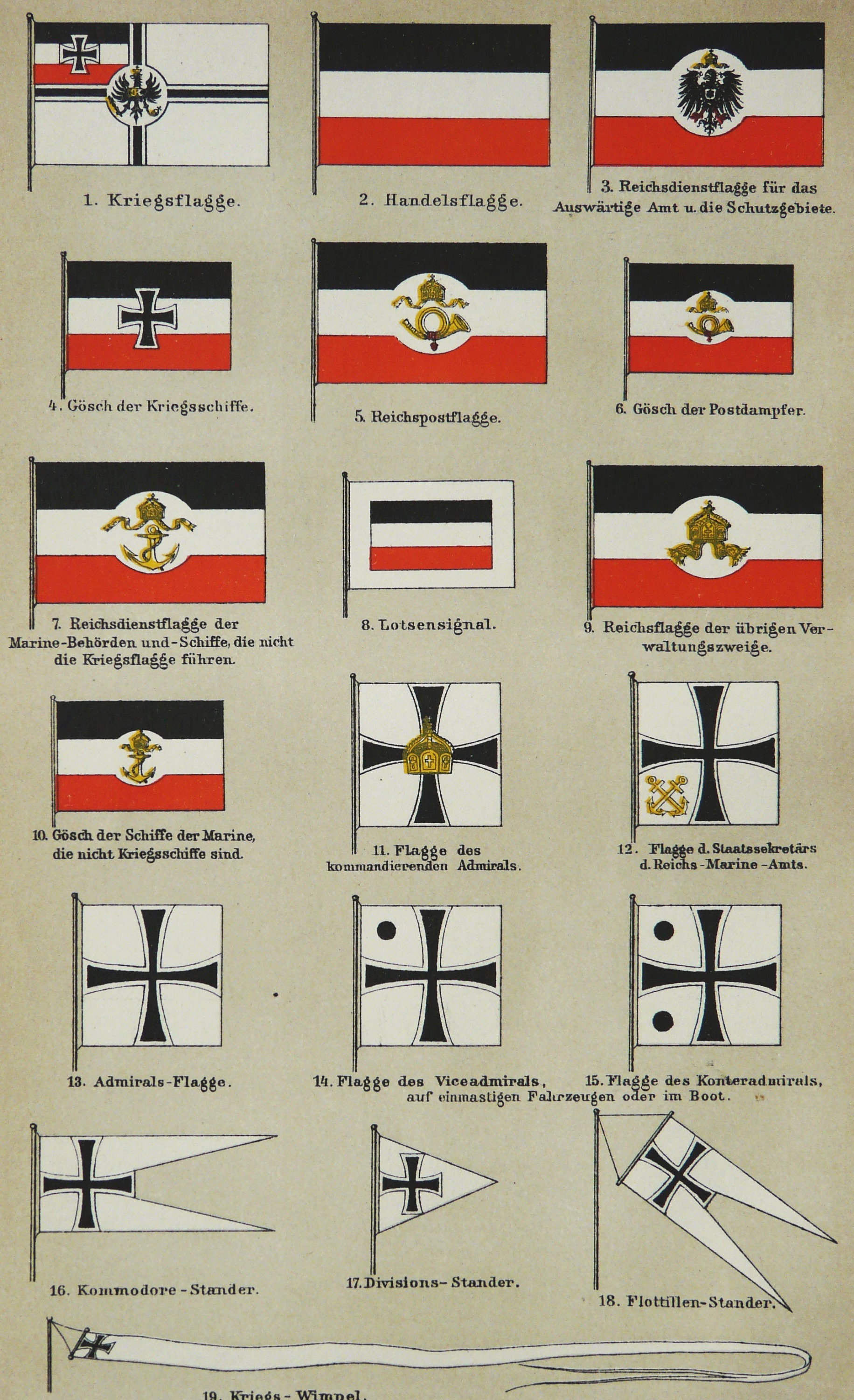 1895 Antique Lithograph of GERMAN HISTORIC FLAGS. Flags of German ...