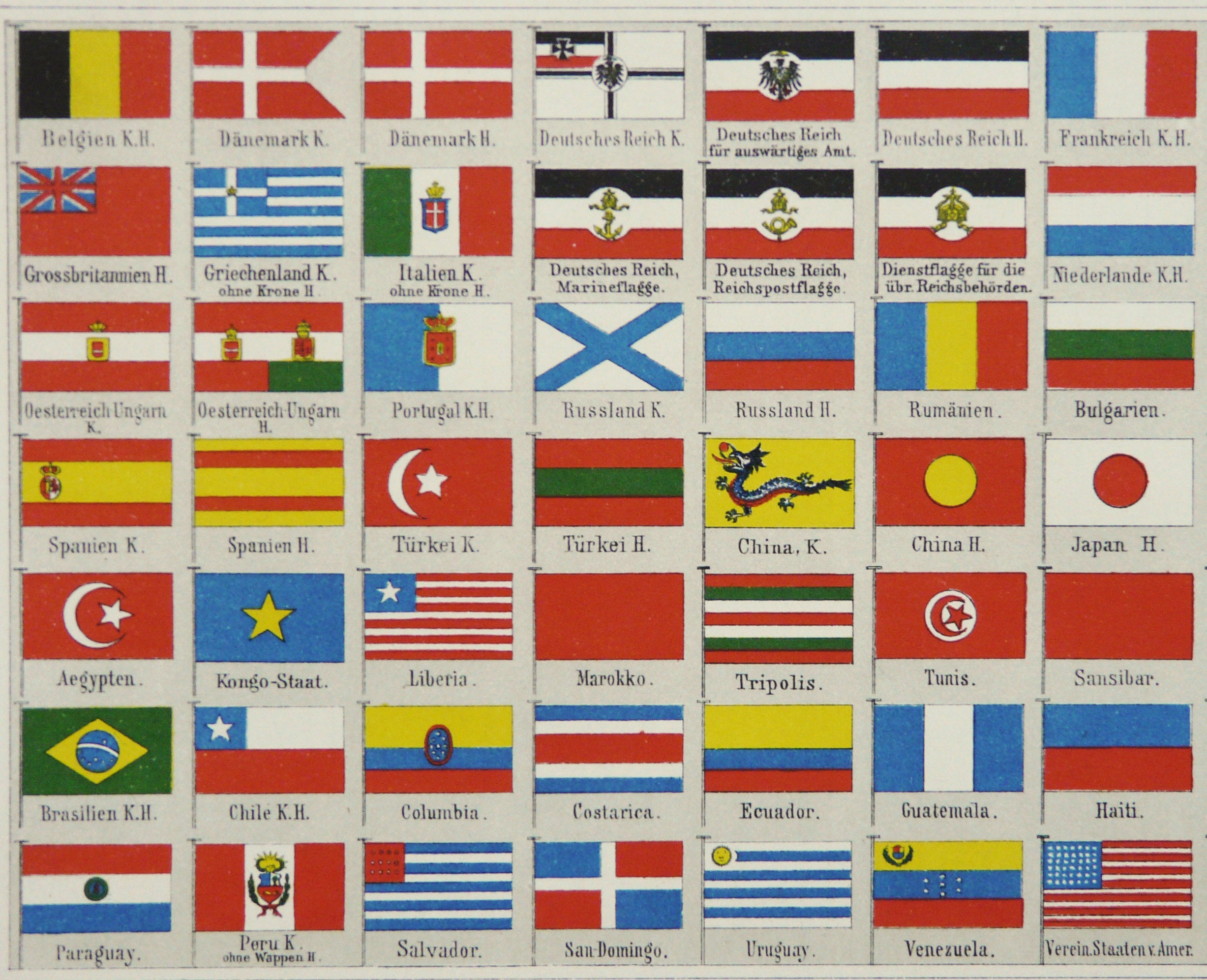 1895 Antique Lithograph of FLAGS of THE WORLD. Countries of the World ...