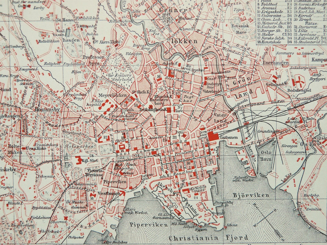 1897 Antique City Map of OSLO, NORWAY. Christiania. Kristiania. 127 ...