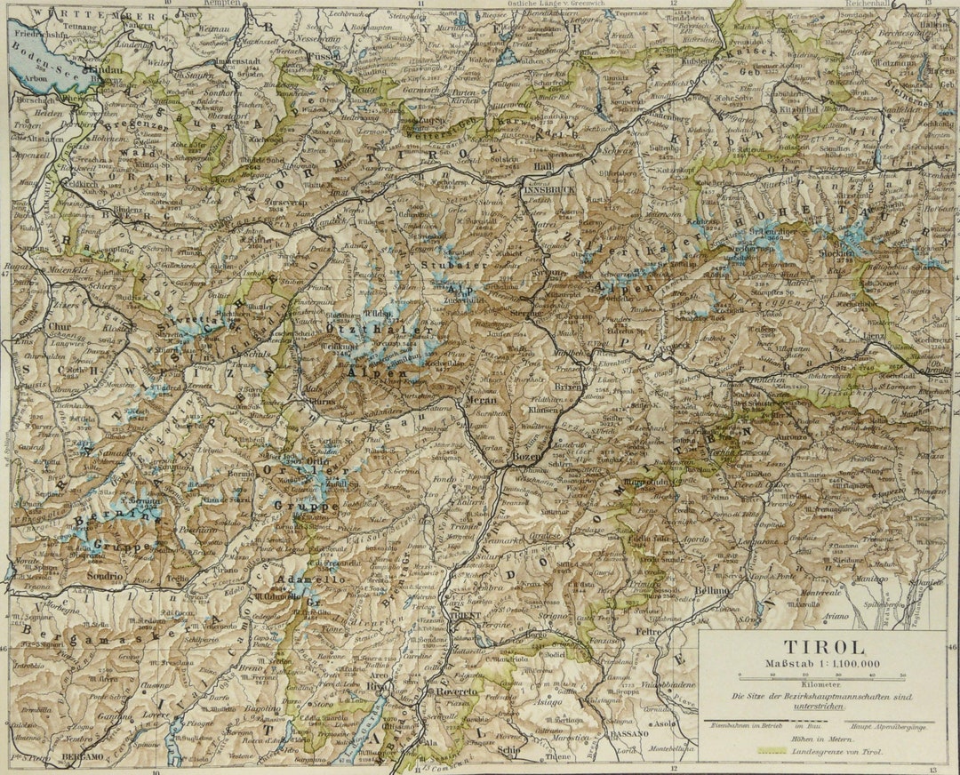 1897 Antique Map of TYROL REGION. the Tyrole. the Alps. Austria-hungary ...