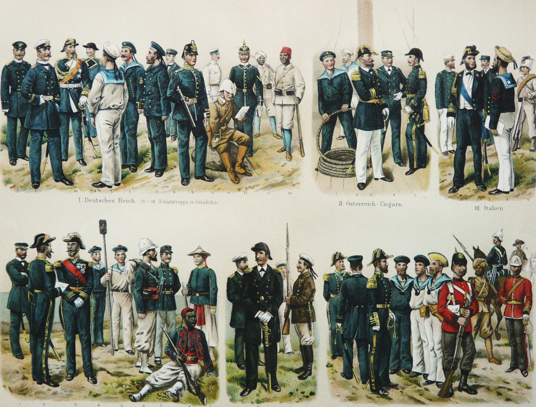 1897 Antique Lithograph of NAVY MILITARY UNIFORMS. Militaria. Marine ...