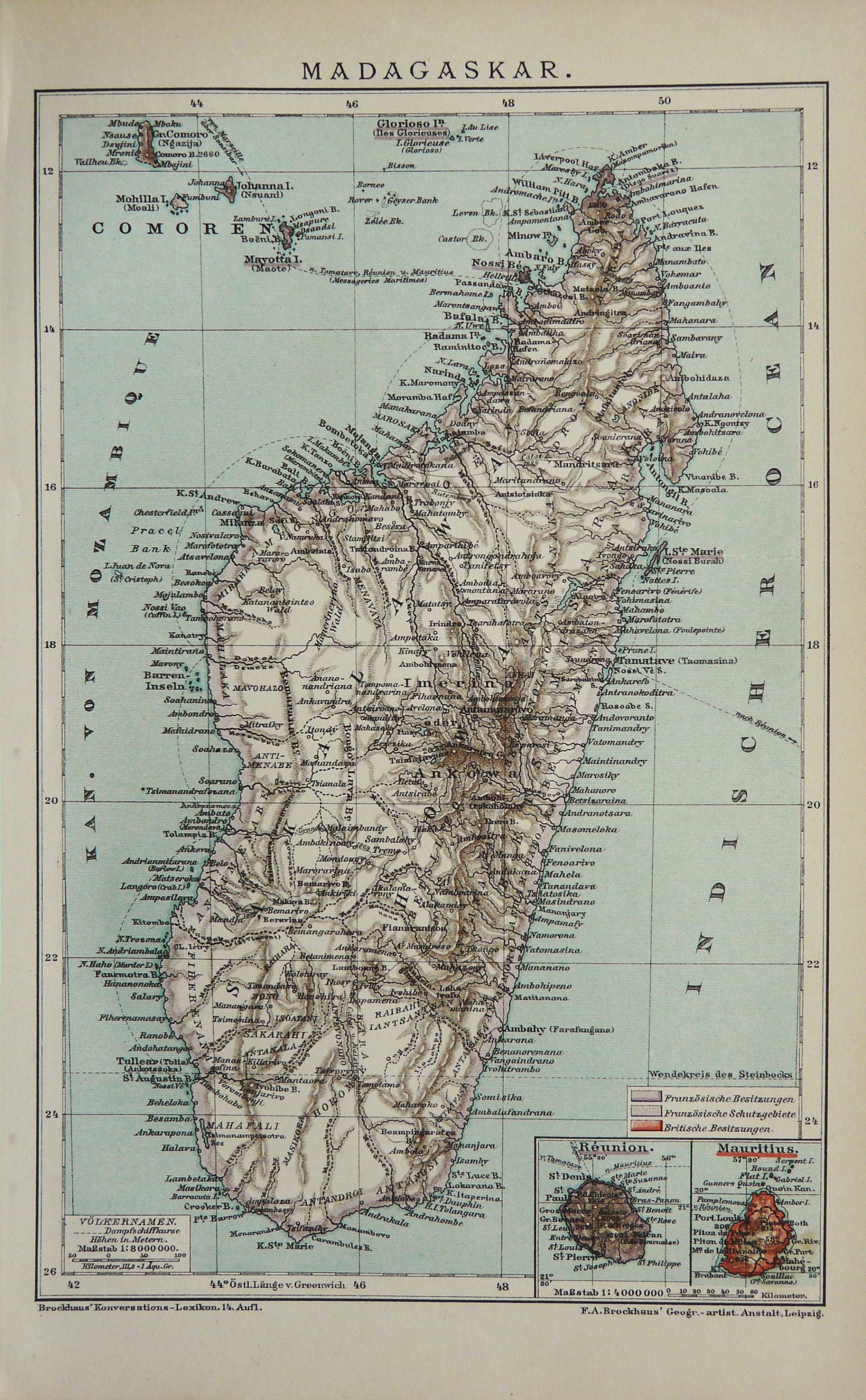1895 Antique Map of MADAGASCAR, AFRICA. Indian Ocean. 129 Years Old ...