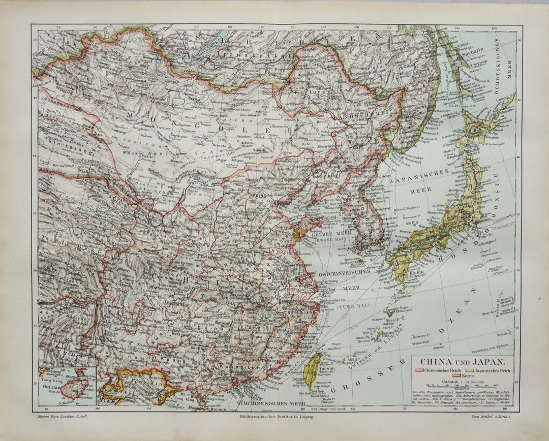 1897 Antique Map of CHINA, JAPAN and KOREA. Asia. Geography. 127 Years ...