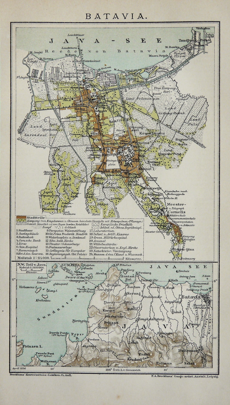 1895 Antique City Map of BATAVIA. Dutch East Indies. Jakarta. Indonesia ...