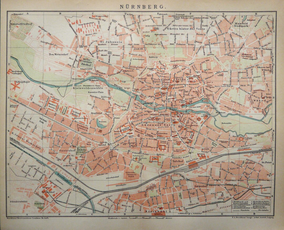 1895 Antique City Map of NUREMBERG, BAVARIA, GERMANY. 129 Years Old ...