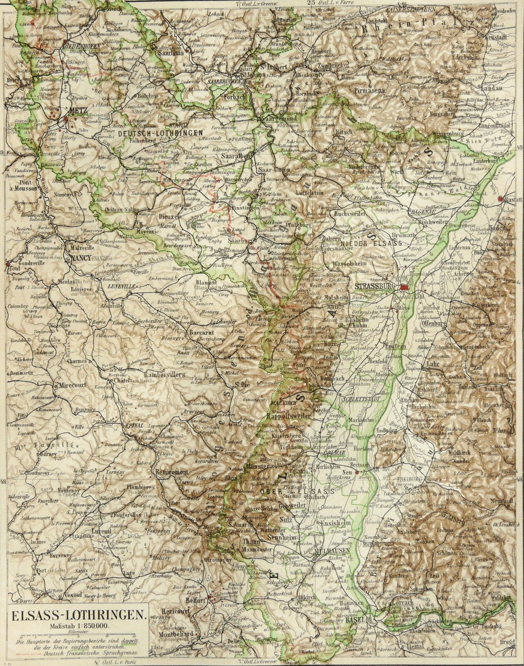 1897 Antique Map of the Imperial Territory of ALSACE-LORRAINE. German ...