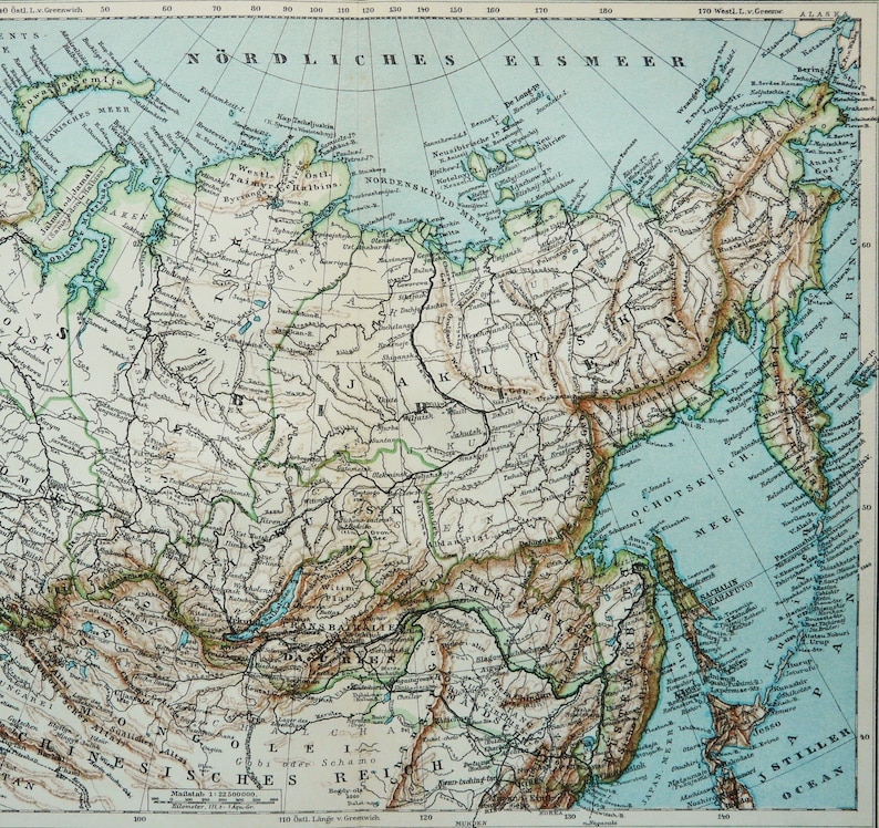 1895 Antique Map of SIBERIA, RUSSIA. Russian Empire. 129 Years Old ...