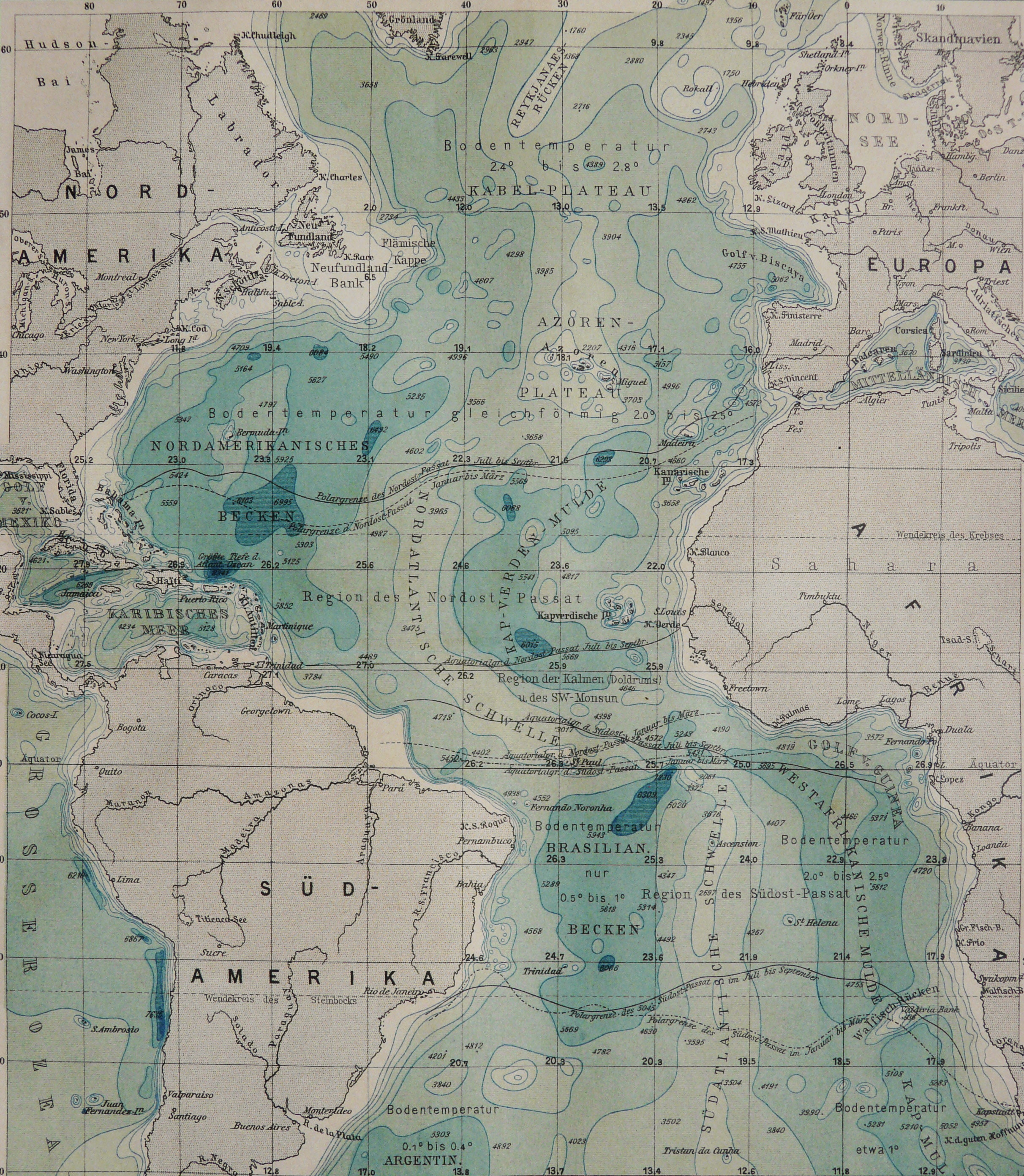 1897 Antique map of THE ATLANTIC OCEAN. Navigation. 126 years old chart ...