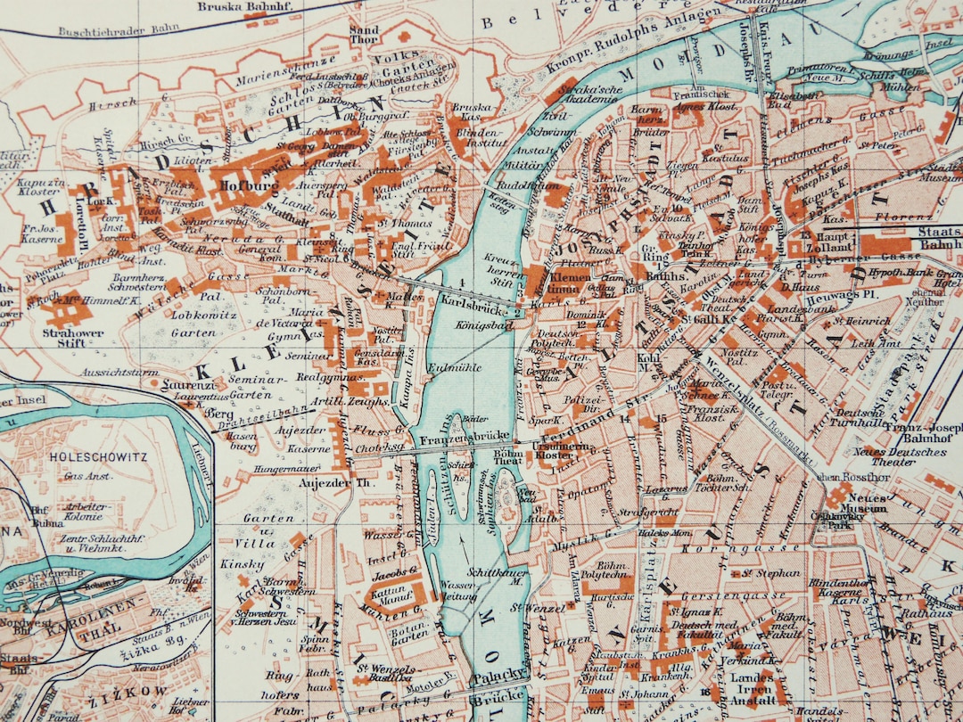 1897 Antique City Map of PRAGUE, CZECH REPUBLIC. Bohemia. 127 Years Old ...