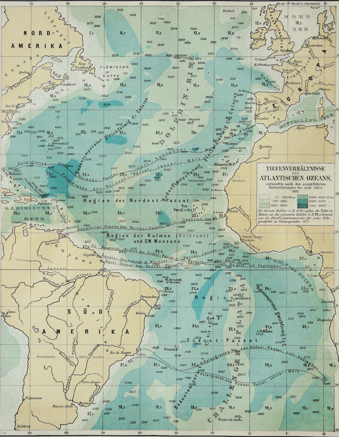 1897 Antique Map of THE ATLANTIC OCEAN. Navigation. 127 Years Old Chart ...