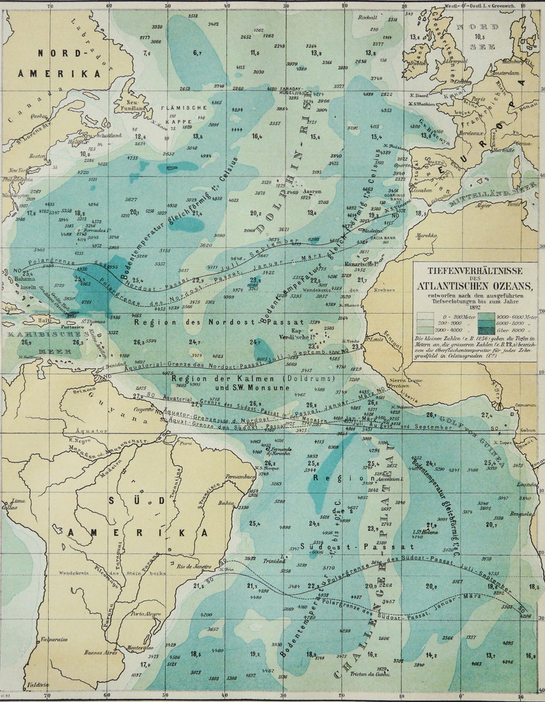 1897 Antique Map of THE ATLANTIC OCEAN. Navigation. 126 Years - Etsy