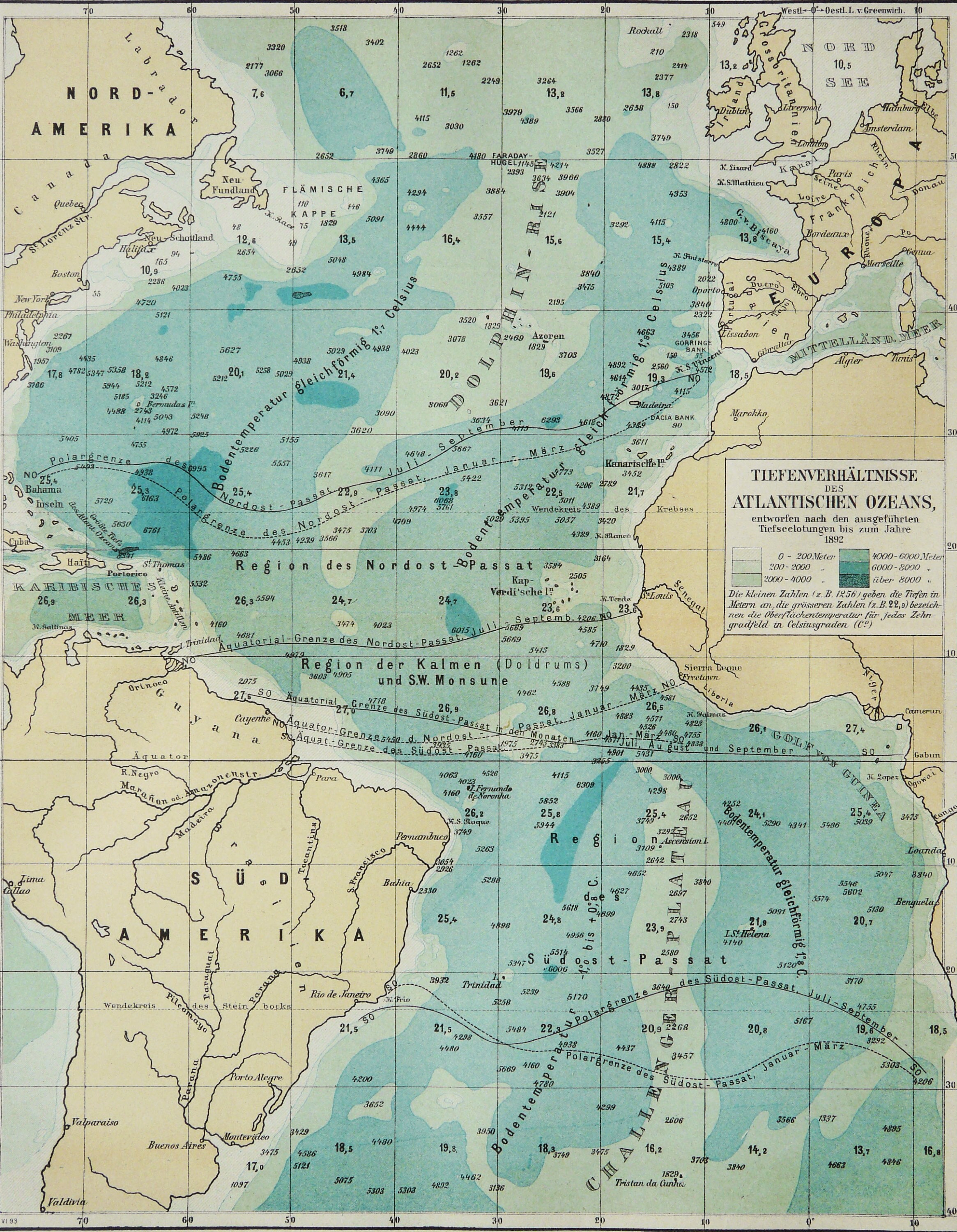 1897 Antique Map of THE ATLANTIC OCEAN. Navigation. 127 Years Old Chart ...